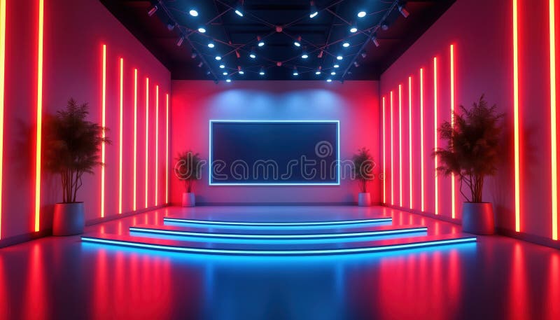 Empty Virtual Studio Backdrop. Neon Lights Create Vibrant Red, Blue ...