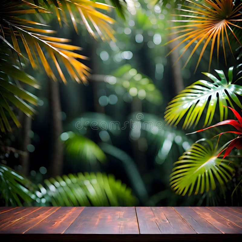The Empty Vivid Dark Wood Table Top with Blur Background of Tropical ...