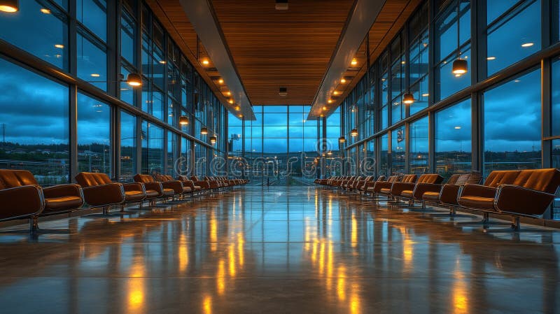 Empty Waiting Area with Rows of Chairs and a View of a City Skyline ...