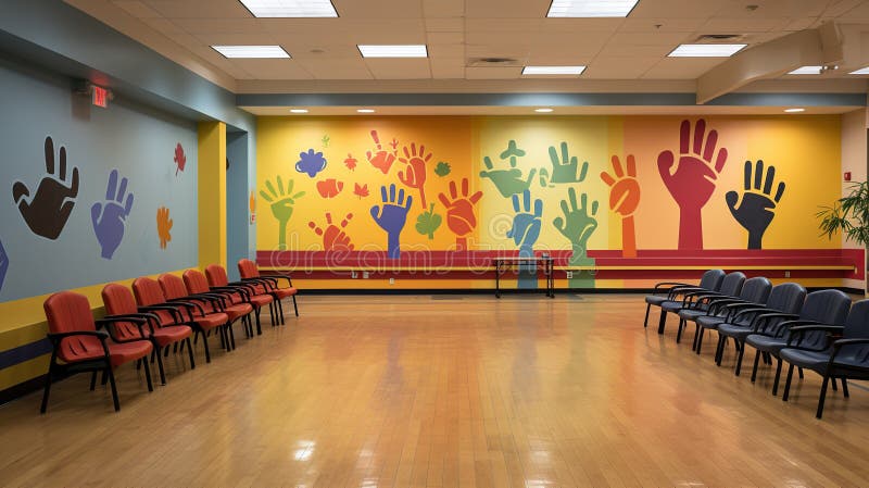 An Empty Waiting Room with Colorful Handprint Mural on the Wall and ...