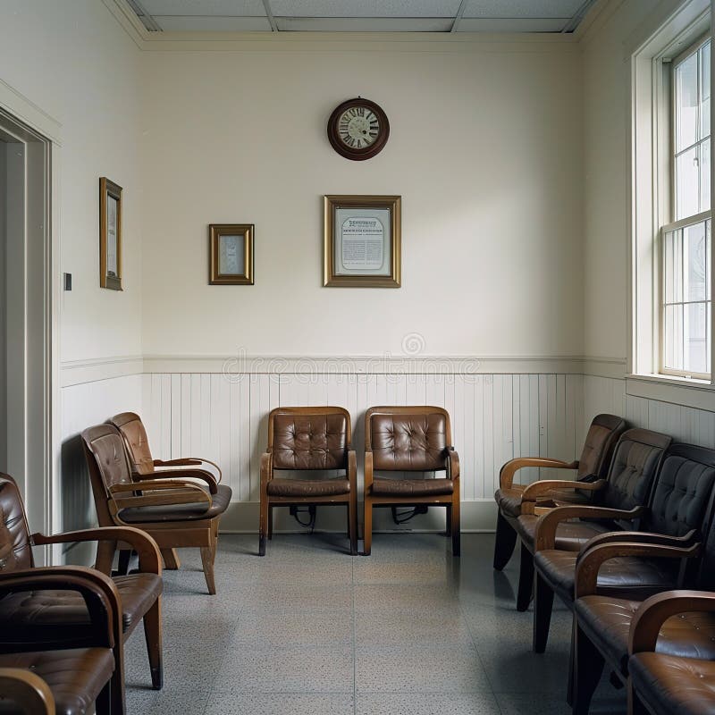 Empty Waiting Room with Leather Chairs and Wall Clock Stock Photo ...