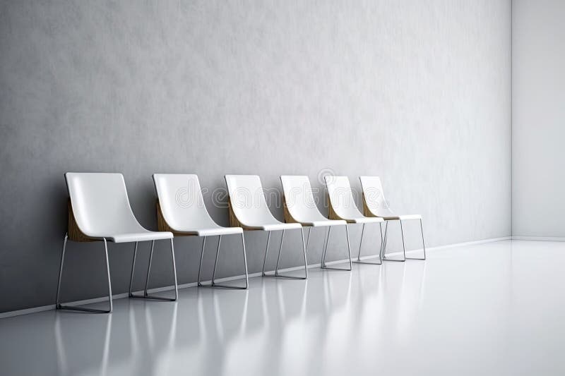 Empty Waiting Room with White Chairs in a Row Against a Grey Wall Stock ...