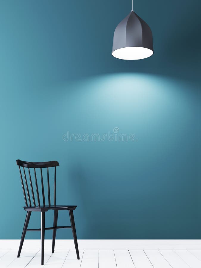 Empty Wall for Mock Up on the Blue Wall with Black Chair and Lamp in ...