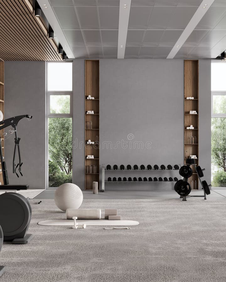 Empty Wall Mockup in Modern Fitness Center, Gym Interior Design, 3d ...
