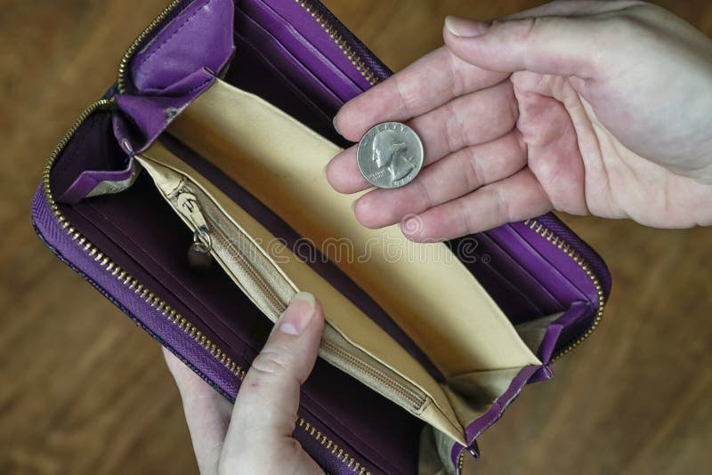 Empty Wallet and a Hand with a Quarter Dollar Stock Photo - Image of ...