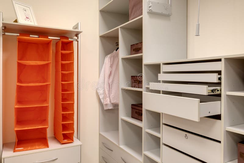 Empty Wardrobe Room with Shelves, Cabinets Stock Image - Image of ...