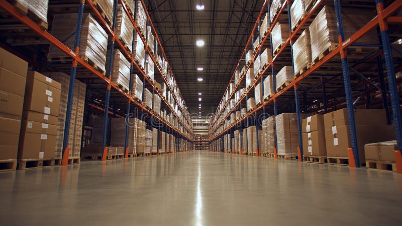 Empty Warehouse Aisle with Pallet Racks and Cardboard Boxes Stock ...