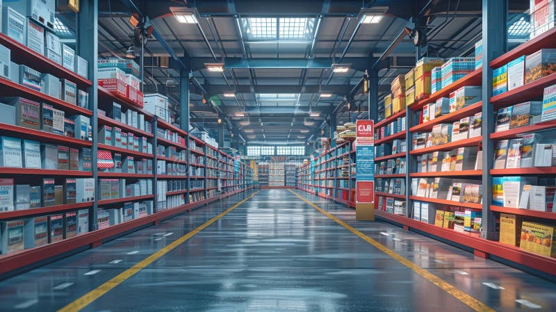 An Empty Warehouse Aisle with Rows of Shelves Stocked with Various ...