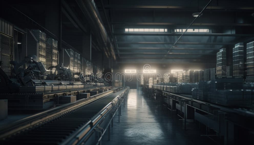 Empty Warehouse with Blurred Motion of Manufacturing Equipment in ...