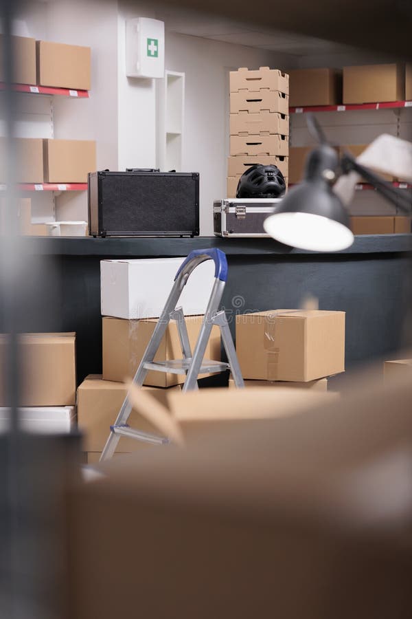 Empty Warehouse Office Space Filled with Cardboard Boxes and Products ...