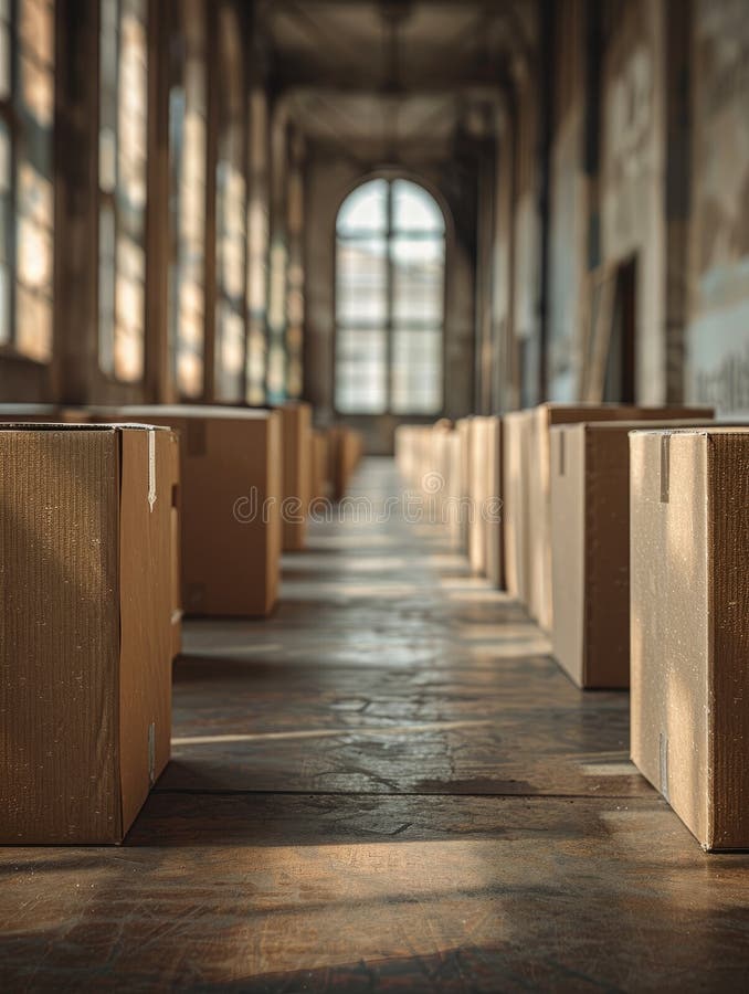 Empty Warehouse with Cardboard Boxes Aligned in a Row. Stock Photo ...