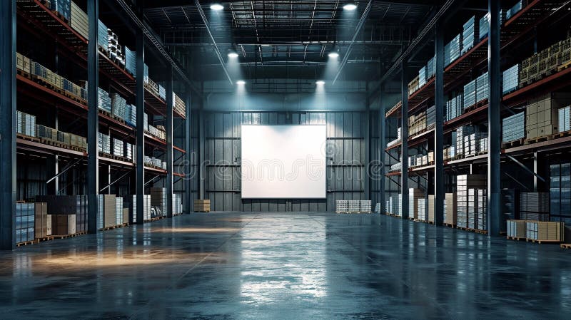 A Spacious Industrial Warehouse with Shelves and a Blank Projection ...