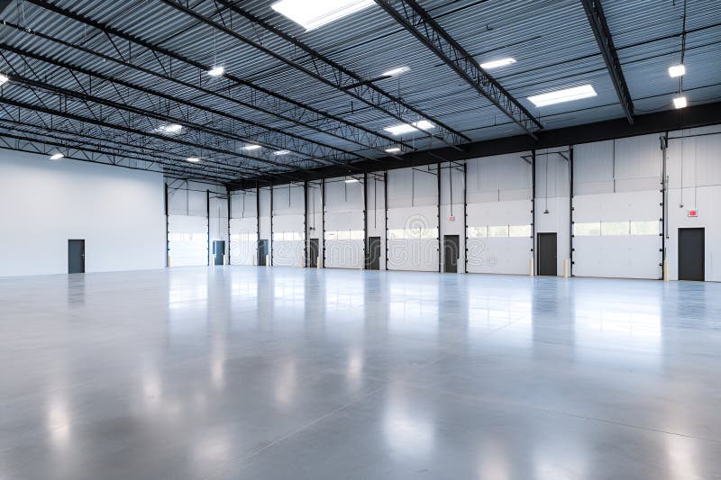 Empty Warehouse Interior with Loading Docks and Polished Concrete Floor ...