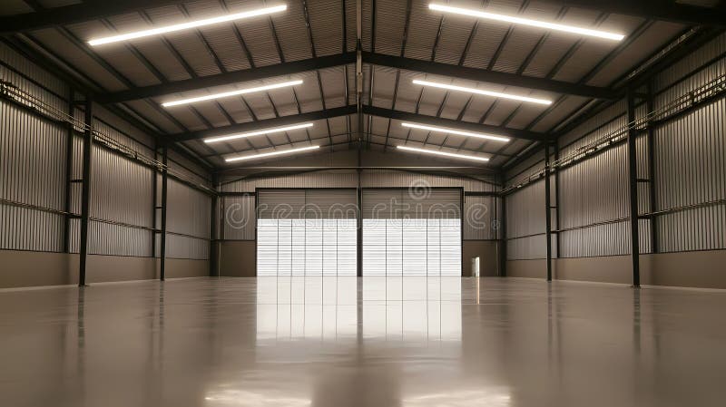 Empty Warehouse Interior with Metal Walls and Led Lighting Stock Image ...