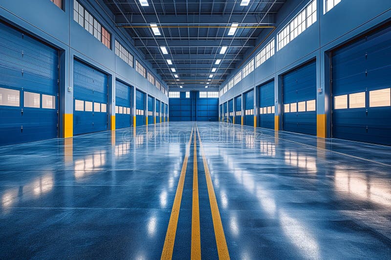 Empty Warehouse Interior with Multiple Loading Docks and Polished Floor ...