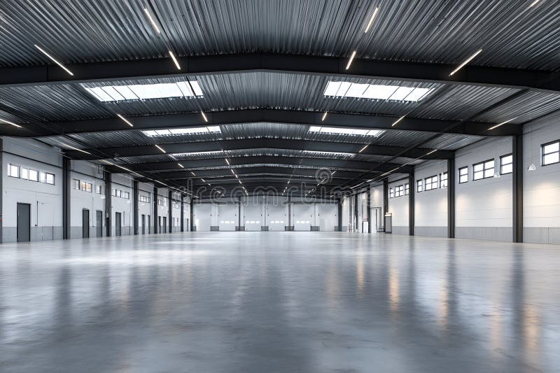Empty Warehouse Interior with Polished Concrete Floor and Skylights ...