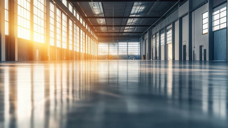 Empty Warehouse Interior with Polished Concrete Floor and Sunlight ...