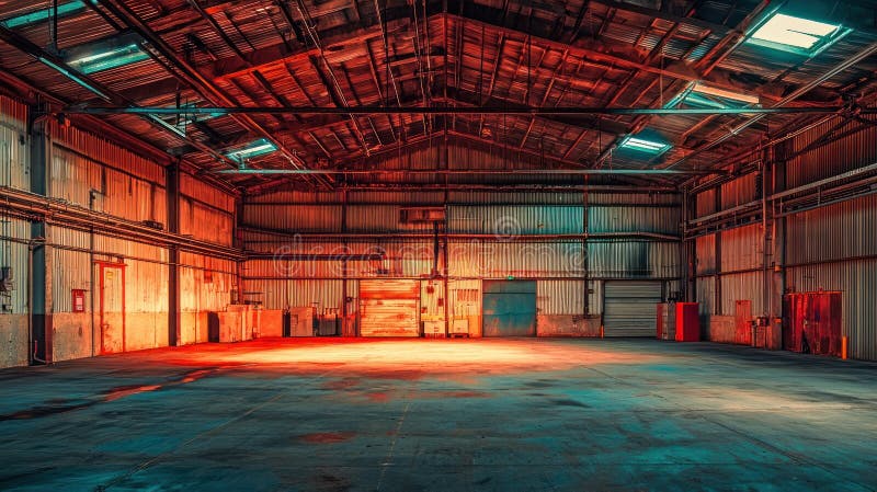 Empty Warehouse Interior with Red Lighting Stock Photo - Image of ...