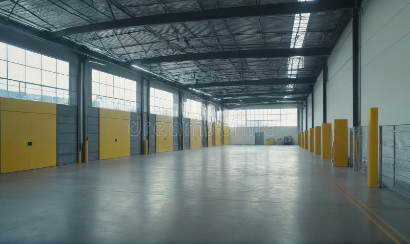 An Empty Warehouse with Large Windows and Yellow Loading Doors Stock ...