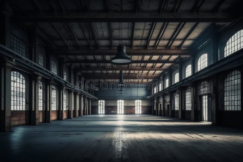 Empty Warehouse with Lots of Windows and Light Hanging from the Ceiling ...