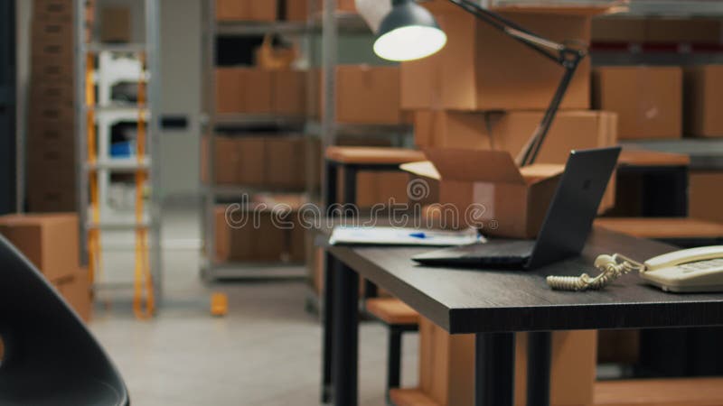 Empty Warehouse with Office Space and Racks or Shelves Stock Video ...