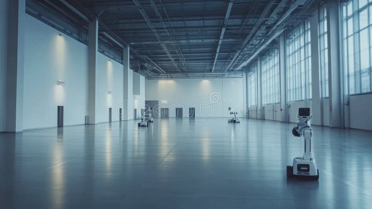 Robots in a Large Empty Warehouse Space Stock Illustration - Illustration of windows, white ...