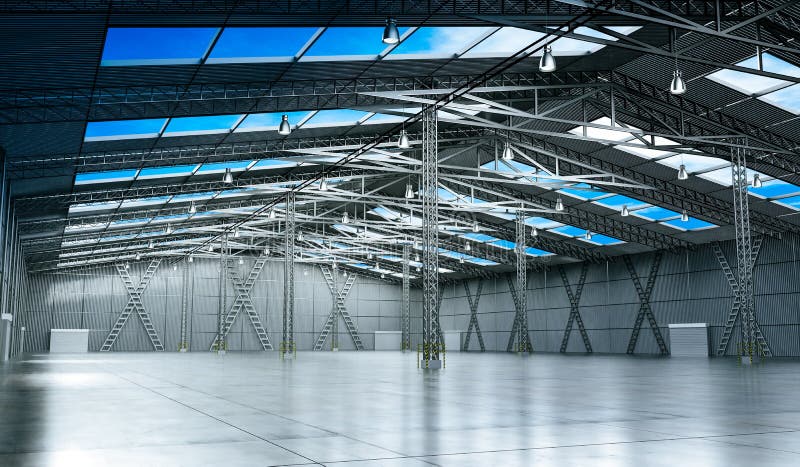 Empty Warehouse with Roof Windows and Several Pillars Stock ...