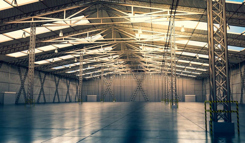 Empty Warehouse with Roof Windows and Several Pillars Stock ...
