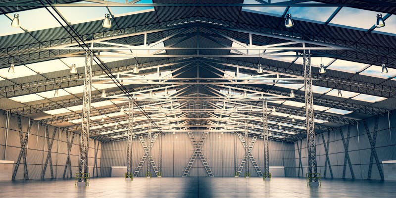 Empty Warehouse with Roof Windows and Several Pillars Stock ...