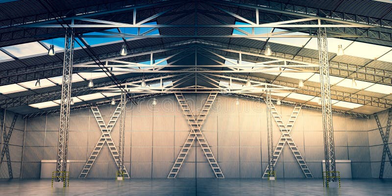 Empty Warehouse with Roof Windows and Several Pillars Stock ...