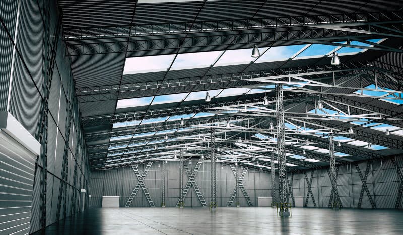 Empty Warehouse with Roof Windows and Several Pillars Stock ...