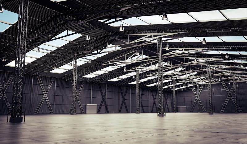 Empty Warehouse with Roof Windows and Several Pillars Stock ...