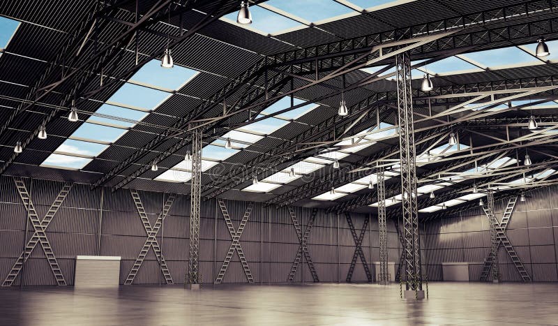 Empty Warehouse with Roof Windows and Several Pillars Stock ...