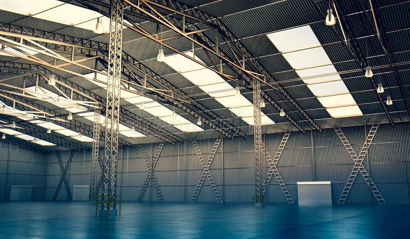 Empty Warehouse with Roof Windows and Several Pillars Stock ...
