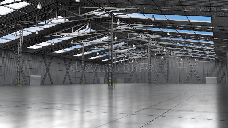 Empty Warehouse with Roof Windows and Several Pillars - 3D 4k Animation ...