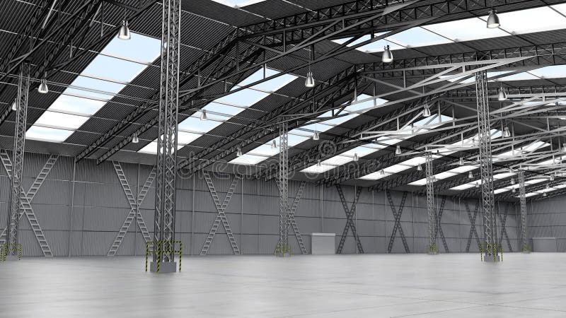 Empty Warehouse with Roof Windows and Several Pillars - 3D 4k Animation ...
