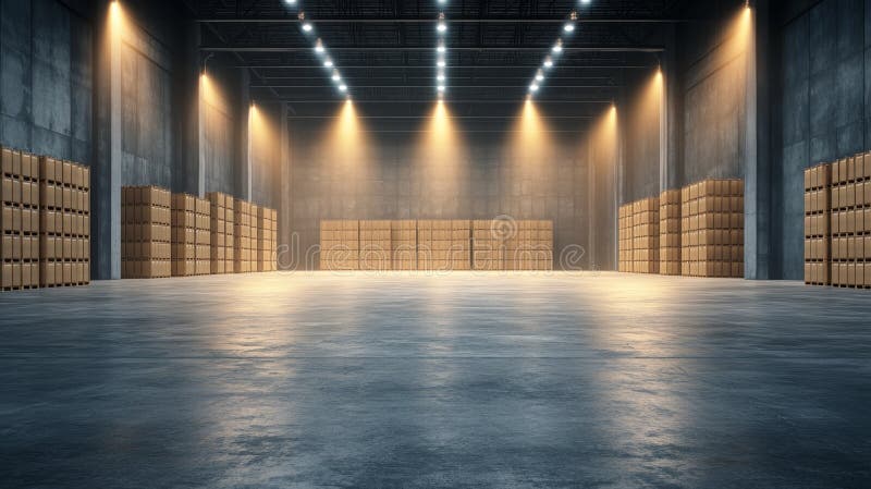 Empty Warehouse with Rows of Cardboard Boxes Lit by Spotlights Stock ...