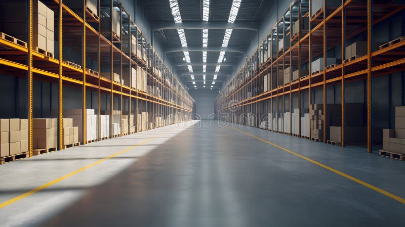 An Empty Warehouse with Shelves Full of Boxes, a Long Aisle, and Bright ...