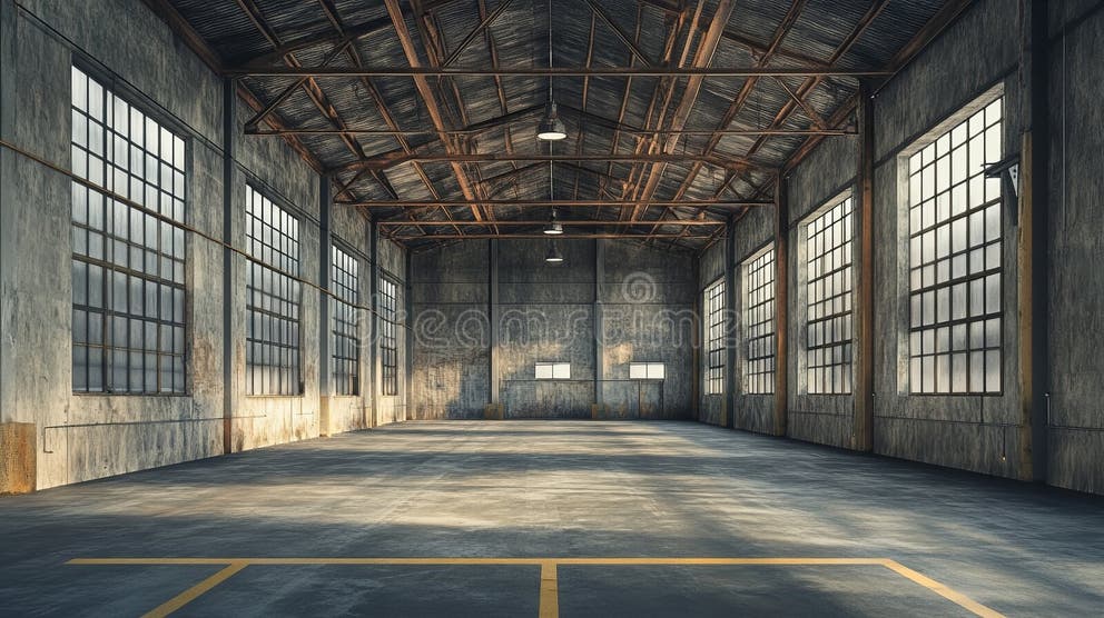 Empty Warehouse Space with High Ceilings and Exposed Ductwork, Ideal ...
