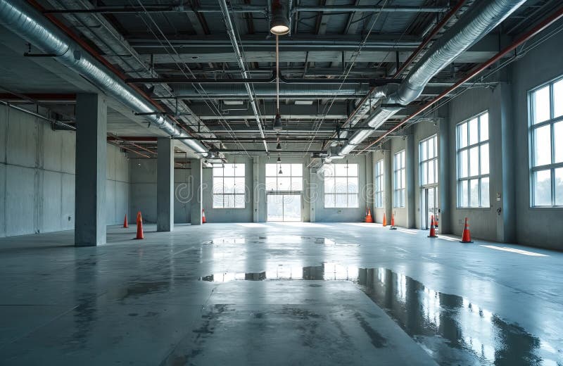 Empty Warehouse Space with Ventilation System, Pipes on Ceiling ...