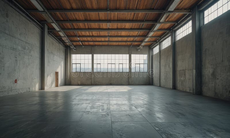 An Empty Warehouse with a Wooden Ceiling and a Large Window. Stock ...