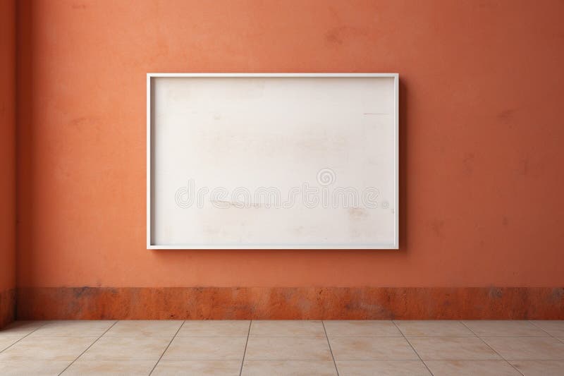 An Empty Warm Orange Wall with One Large White Picture Frame Set in the ...