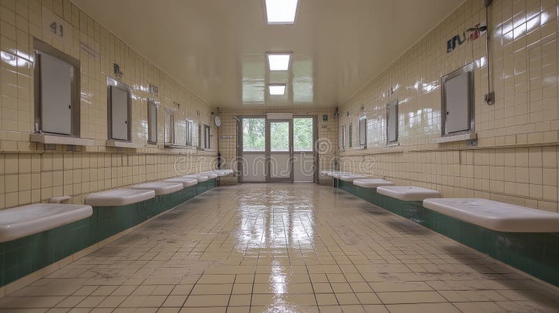 Empty Washroom Corridor with White Tiles Stock Illustration ...