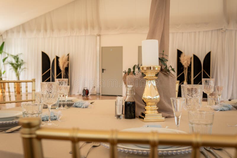 Empty Wedding Reception Hall Decorated with Gold Candelabra and White ...
