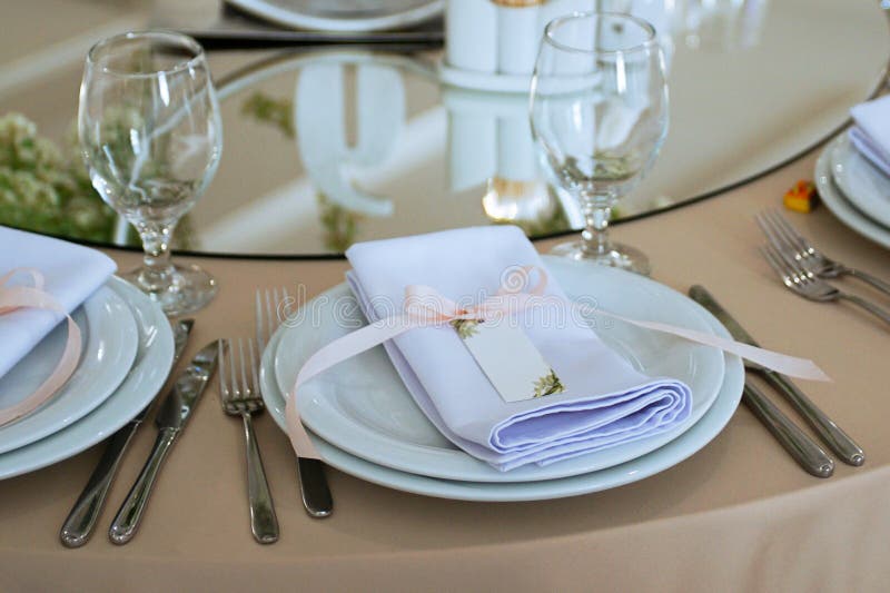 Empty Wedding Reception Hall Table Setting with Glasses and Plates ...