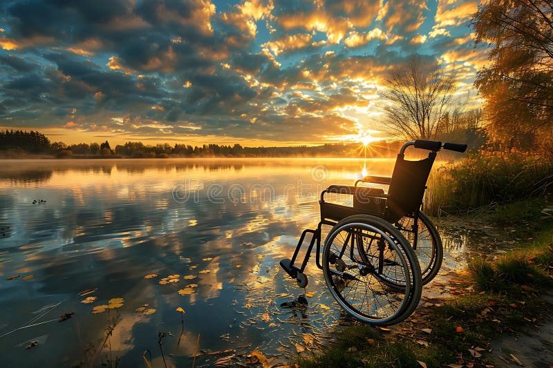 An Empty Wheelchair beside a Lake at Sunset, Disability and Loneliness ...