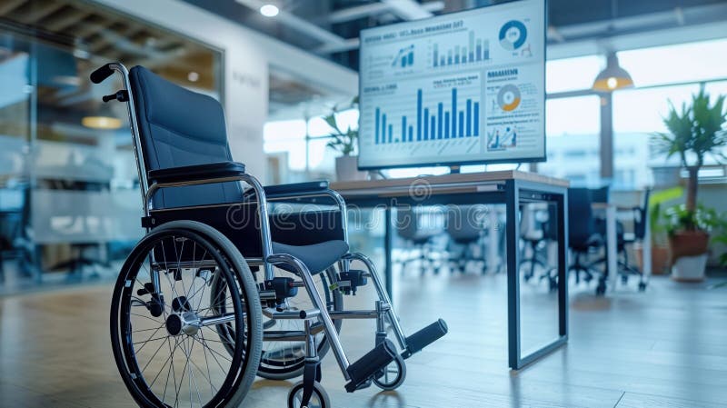 Empty Wheelchair in a Modern Office Space with Data Charts Displayed on ...