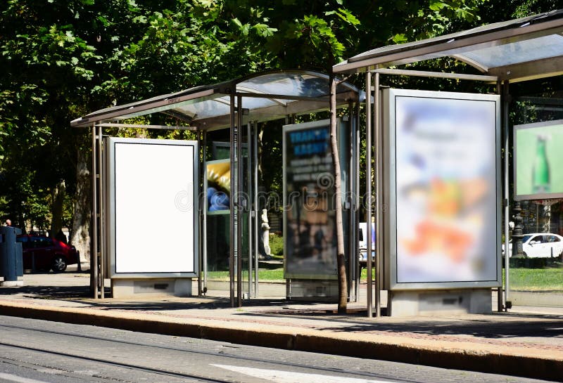 Empty White Ad Panel and Light Box for Mockup at Busstop Stock Photo ...
