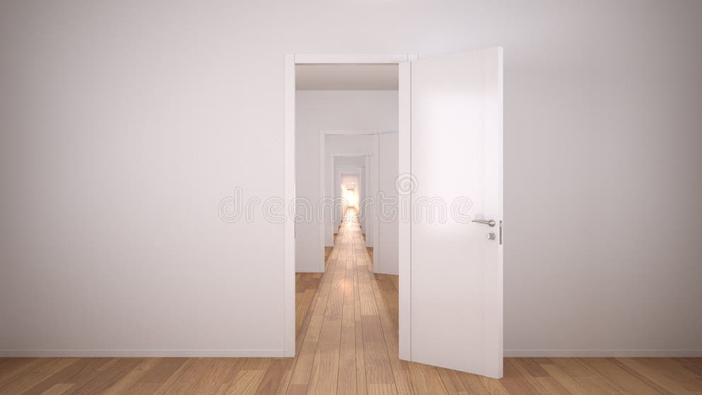 Empty White Architectural Interior with Infinite Open Doors, Endless ...