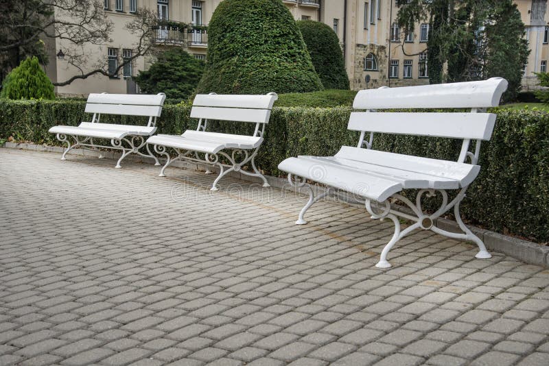 Empty White Benches in the Park Garden in Summer. Stock Image - Image ...